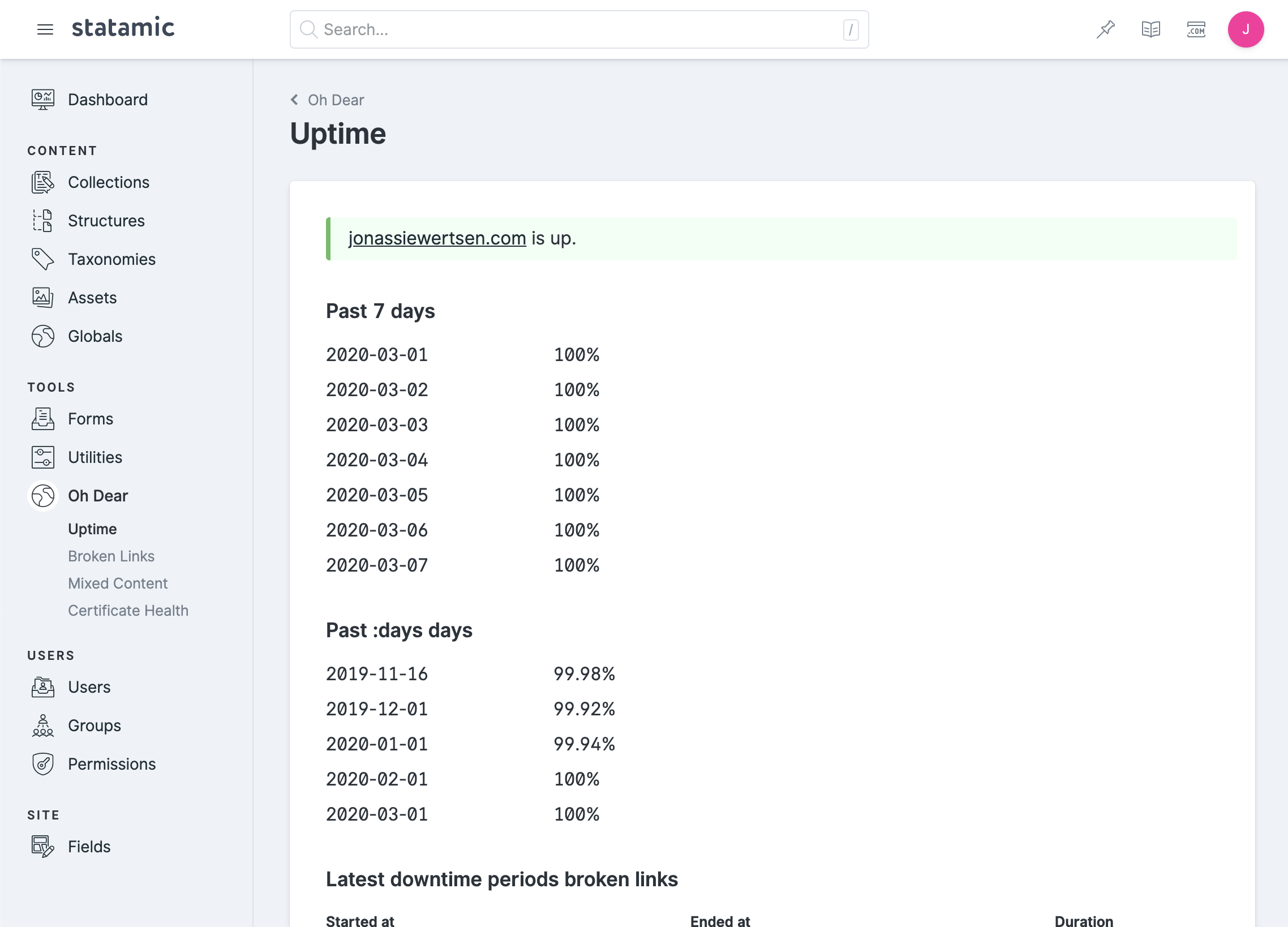 Oh Dear Integration - a Statamic Addon